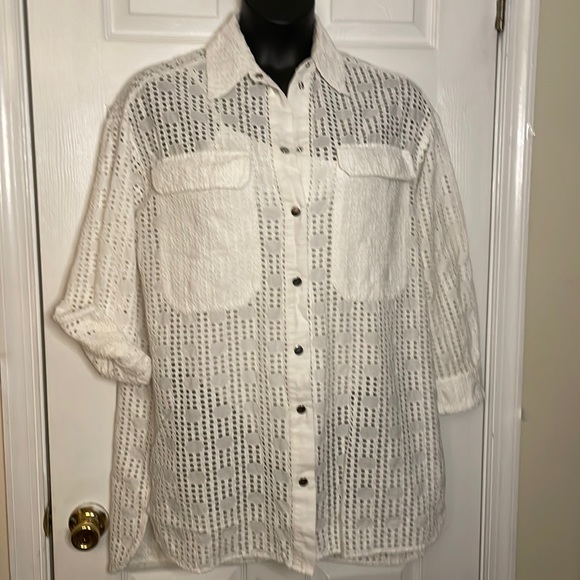 Zara | Jackets & Coats | Zara White Eyelet Big Shirt With Long Lined ...